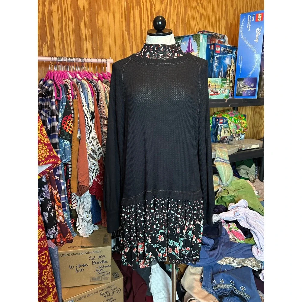 Free People | Dresses | Free People Opposites Attract Black Waffle Knit ...